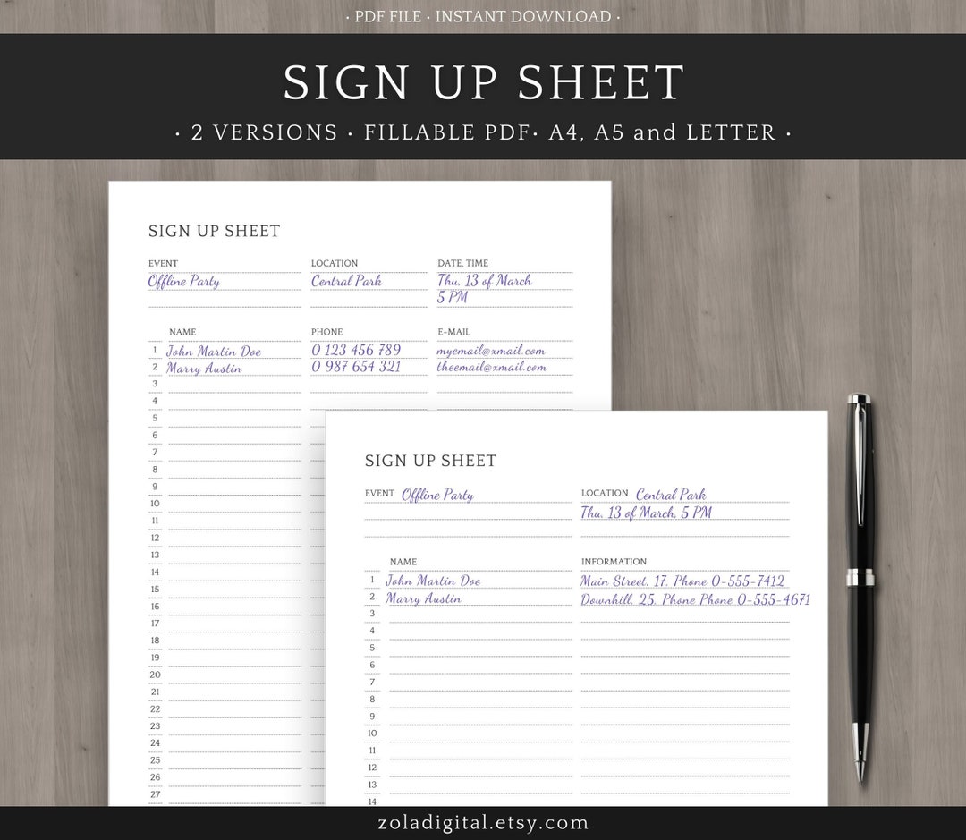 Editable Sign up Sheet. Printable Sign up Template. Phone Club - Etsy