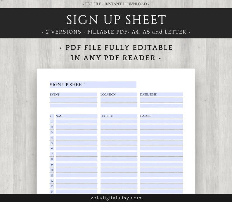 Sign up Sheet Editable PDF. Printable Sign up Template. Phone, E-mail ...
