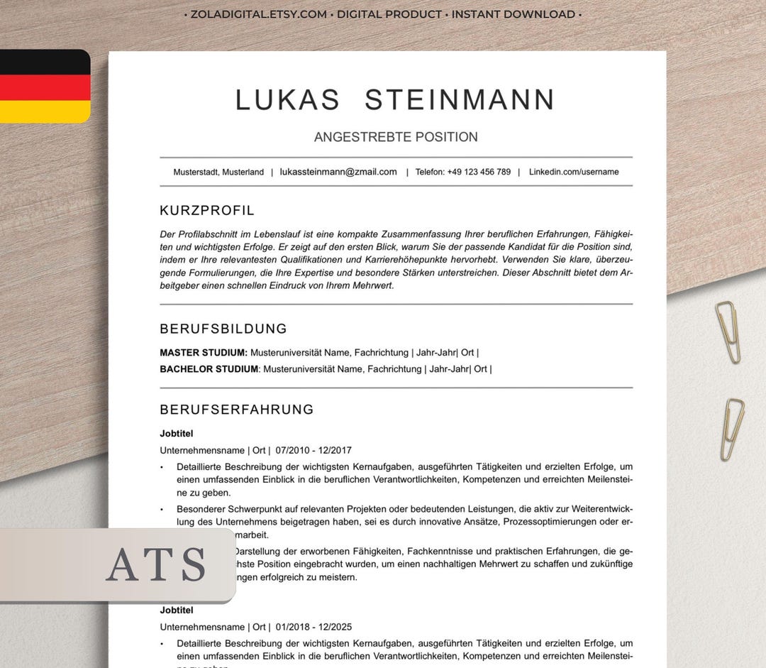 ATS Application Template German | CV & Cover Letter in Word or Pages ...