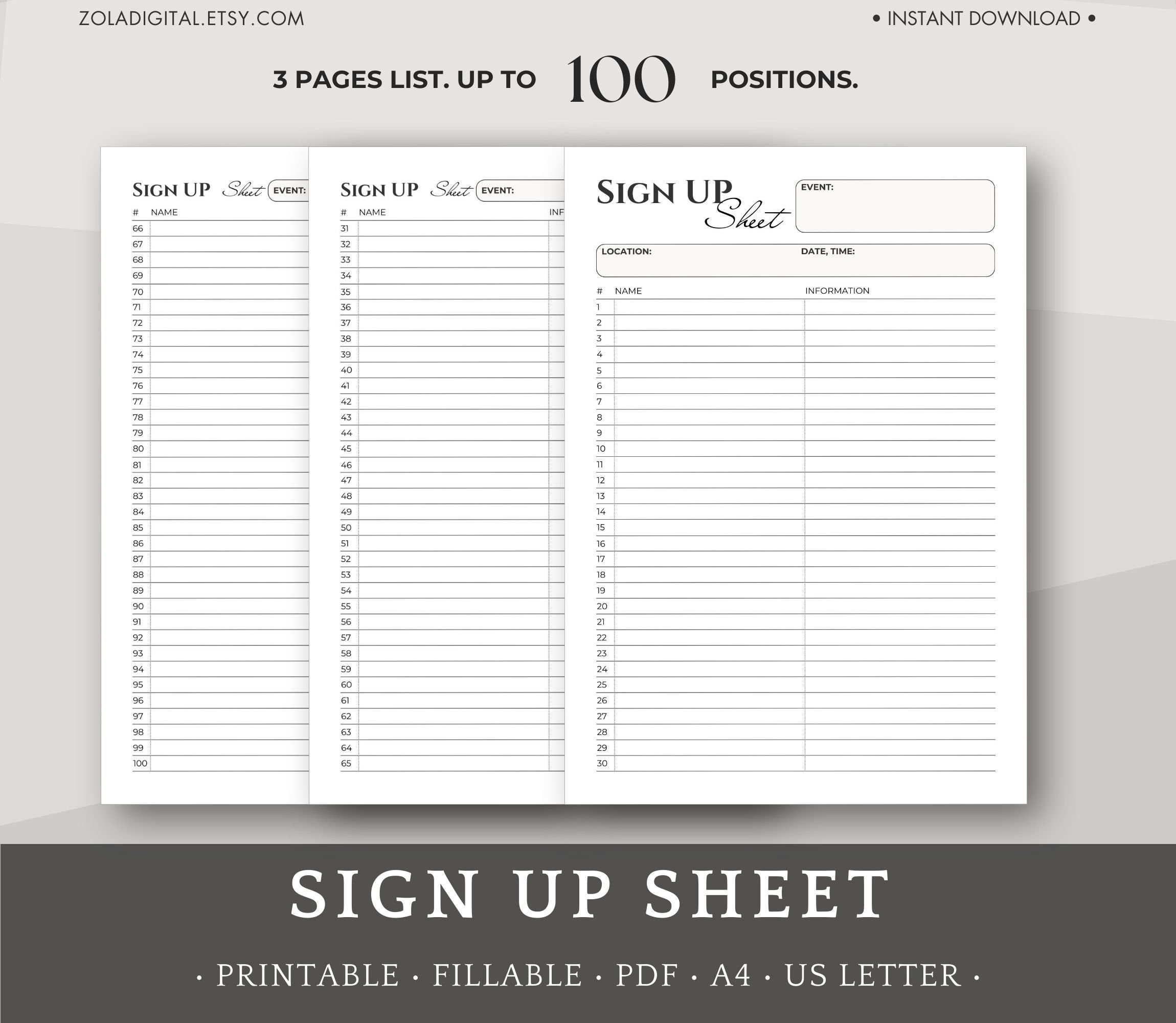Sign up Sheet - Printable and Fillable Sign up Sheet in PDF Template ...
