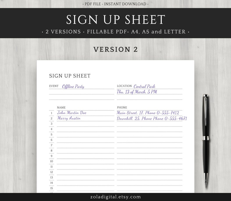 Sign up Sheet Editable PDF. Printable Sign up Template. Phone, E-mail ...