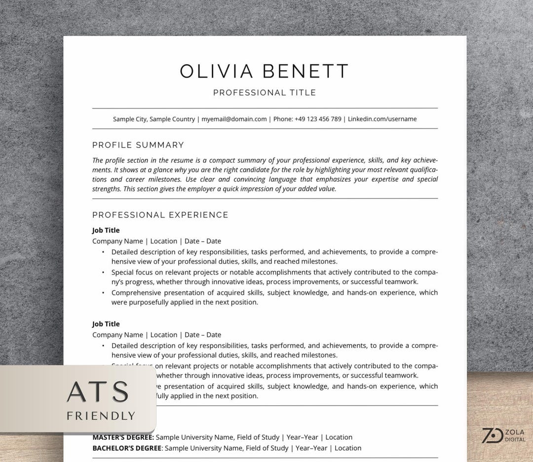 ATS Resume Template English | CV Template Word & Google Docs | One Page ...
