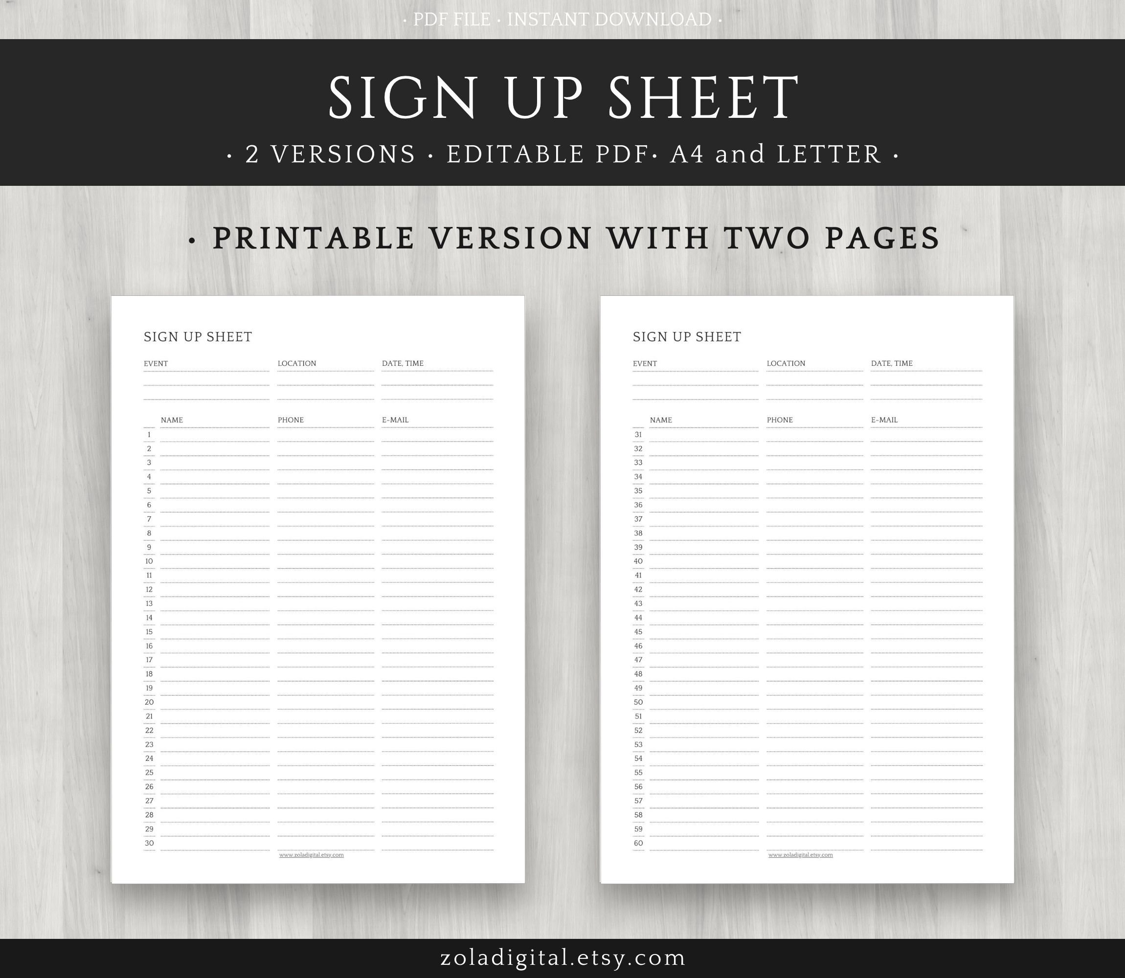 Sign up Sheet Editable PDF. Printable Sign up Template. Phone, E-mail ...
