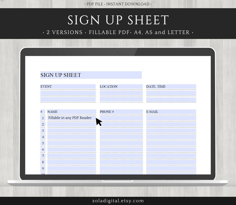 Sign up Sheet Editable PDF. Printable Sign up Template. Phone, E-mail ...