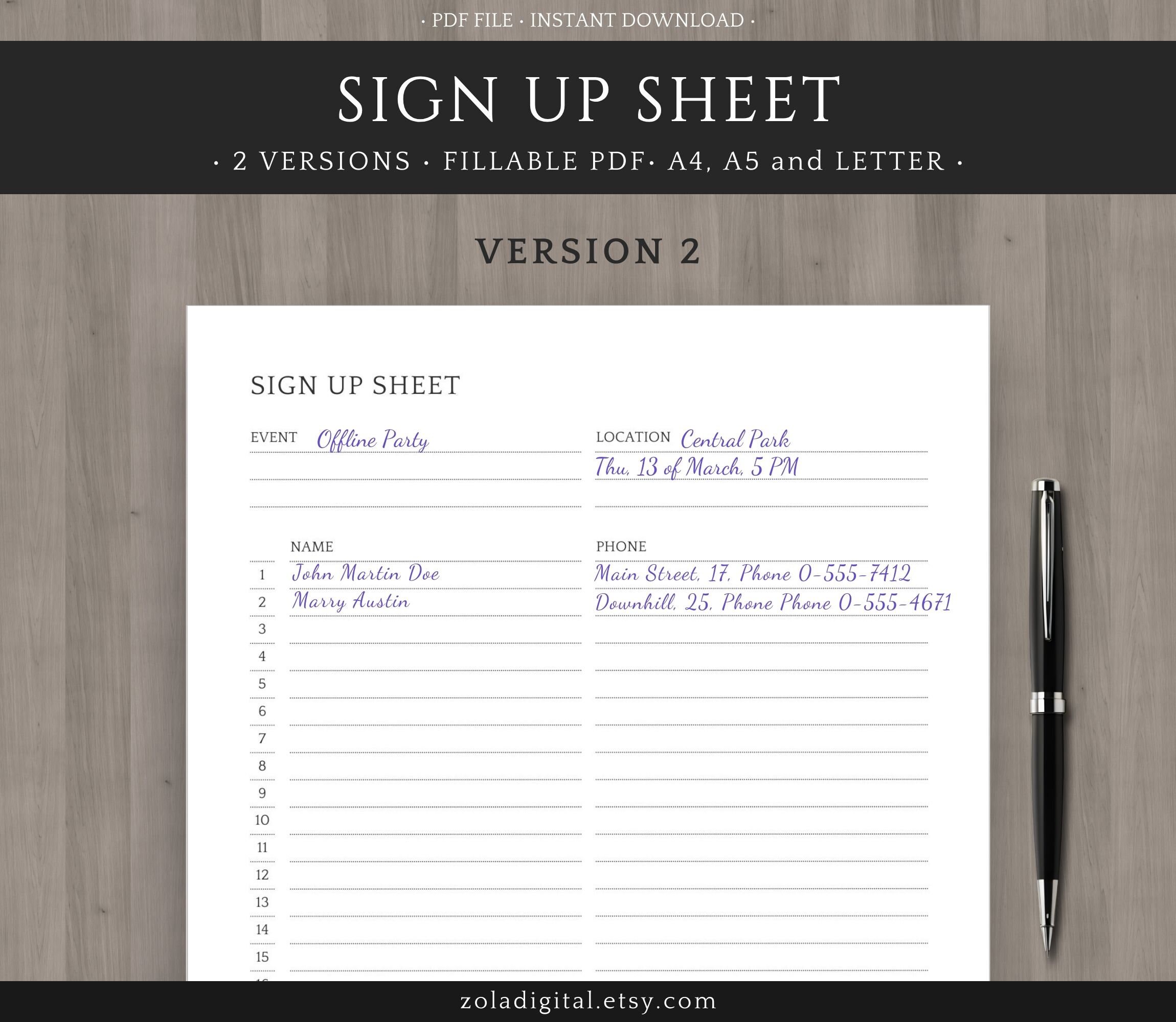 Editable Sign up Sheet. Printable Sign up Template. Phone Club - Etsy
