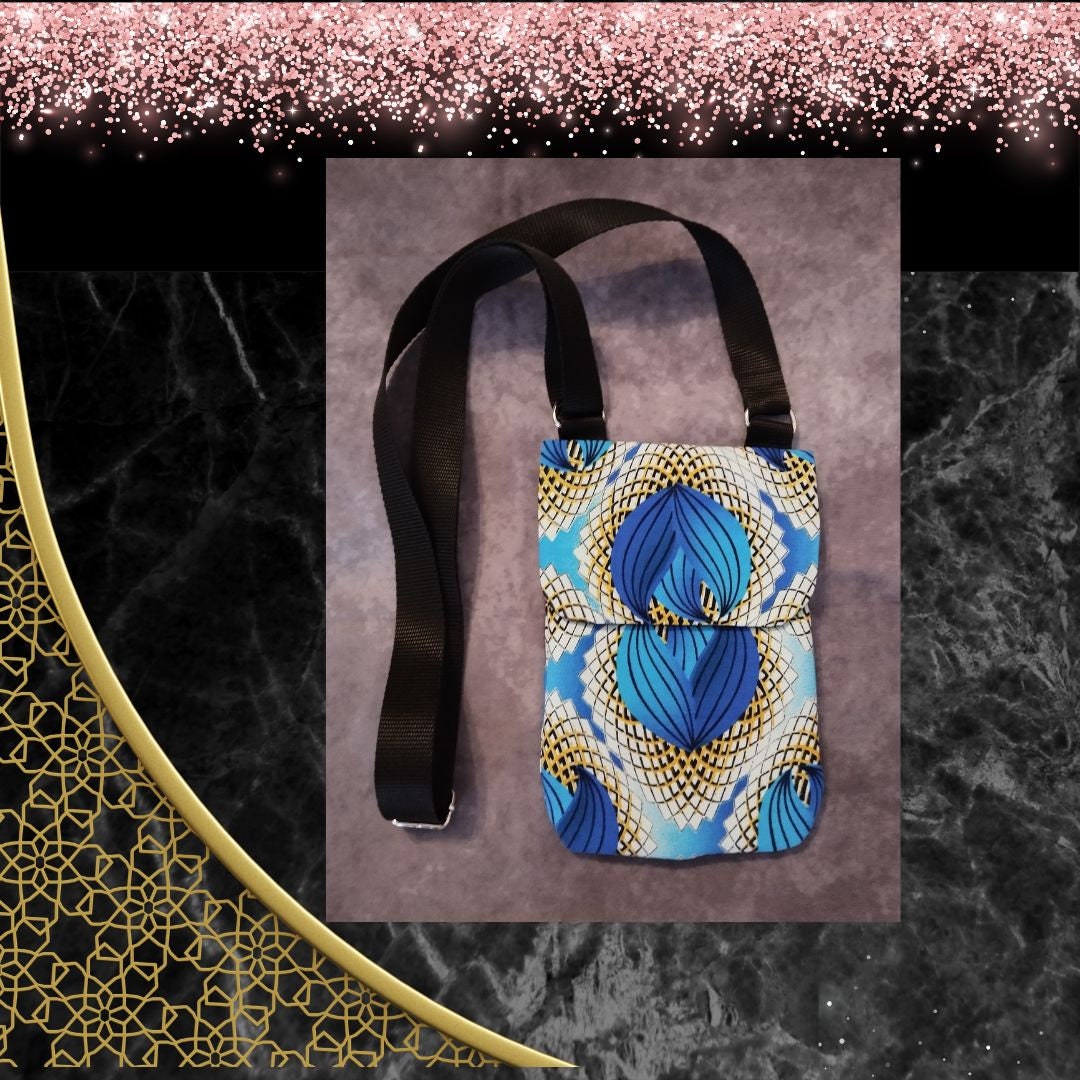 Mobile Phone Pouch in Blue Wax With Gold Highlights, Double Pockets ...