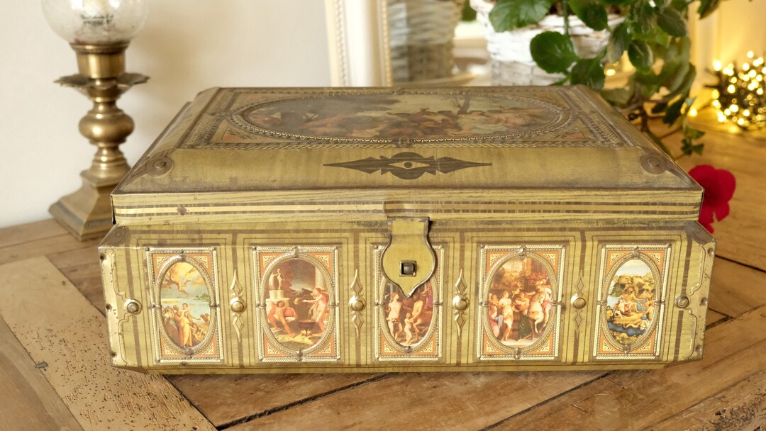 French Vintage Lithographed Chest Tin, Beautiful, Very Rare Large Tin ...