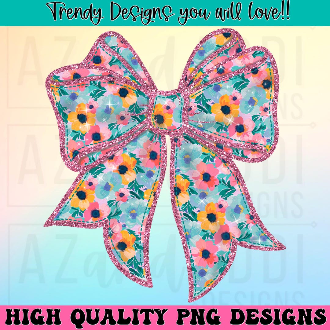 Pink Spring Floral Coquette Bow Png, Pink Glitter Bow Sublimation ...