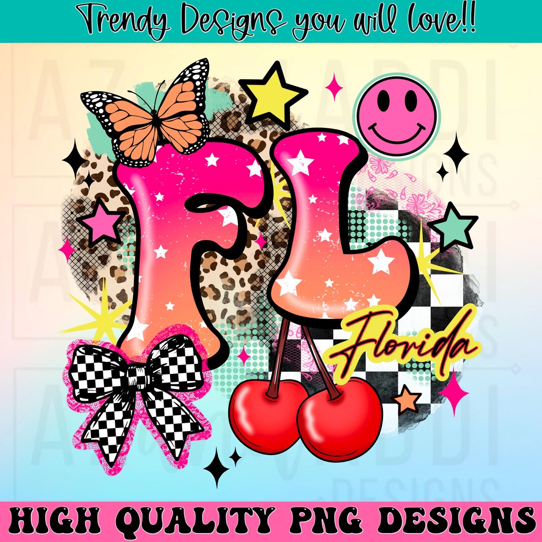 Florida State Png, Retro State Abbreviation Sublimation, Trendy Girlie ...
