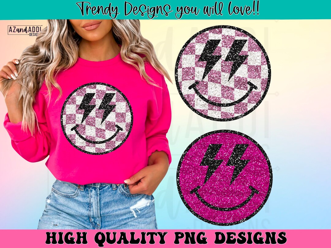 Faux Glitter Checkered Face Sublimation Png, Pink Checkered Happy Face ...