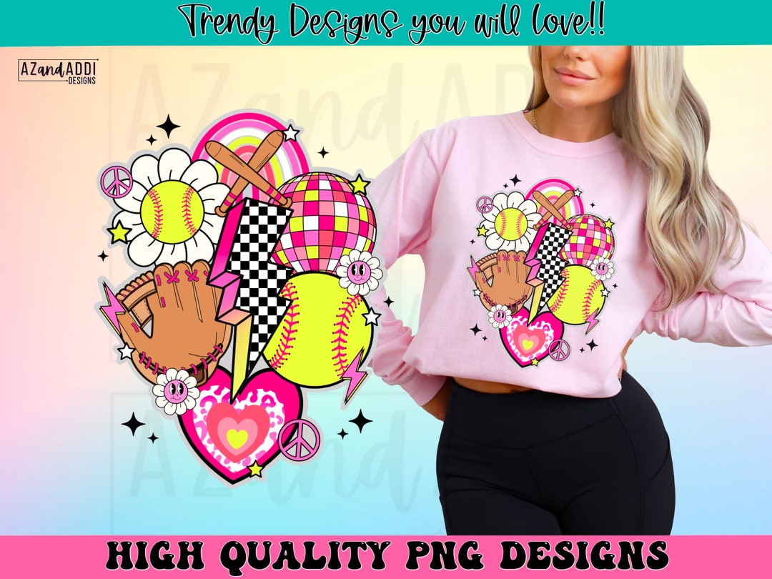 Retro Softball Png, Softball Sublimation Design, Pink Softball Png ...