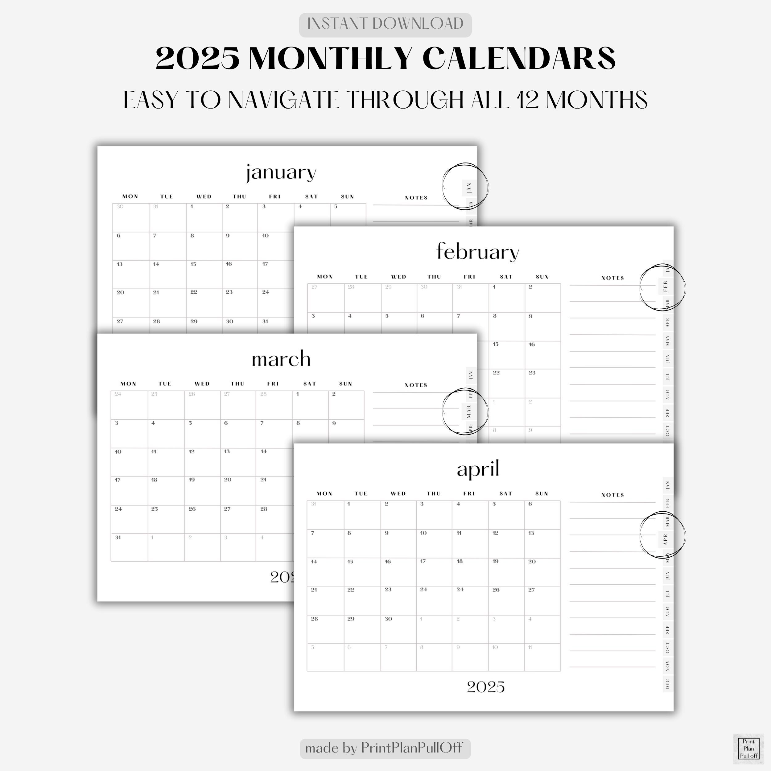 Minimalistic 2025 Monthly Calendars – Monday and Sunday Start | With ...