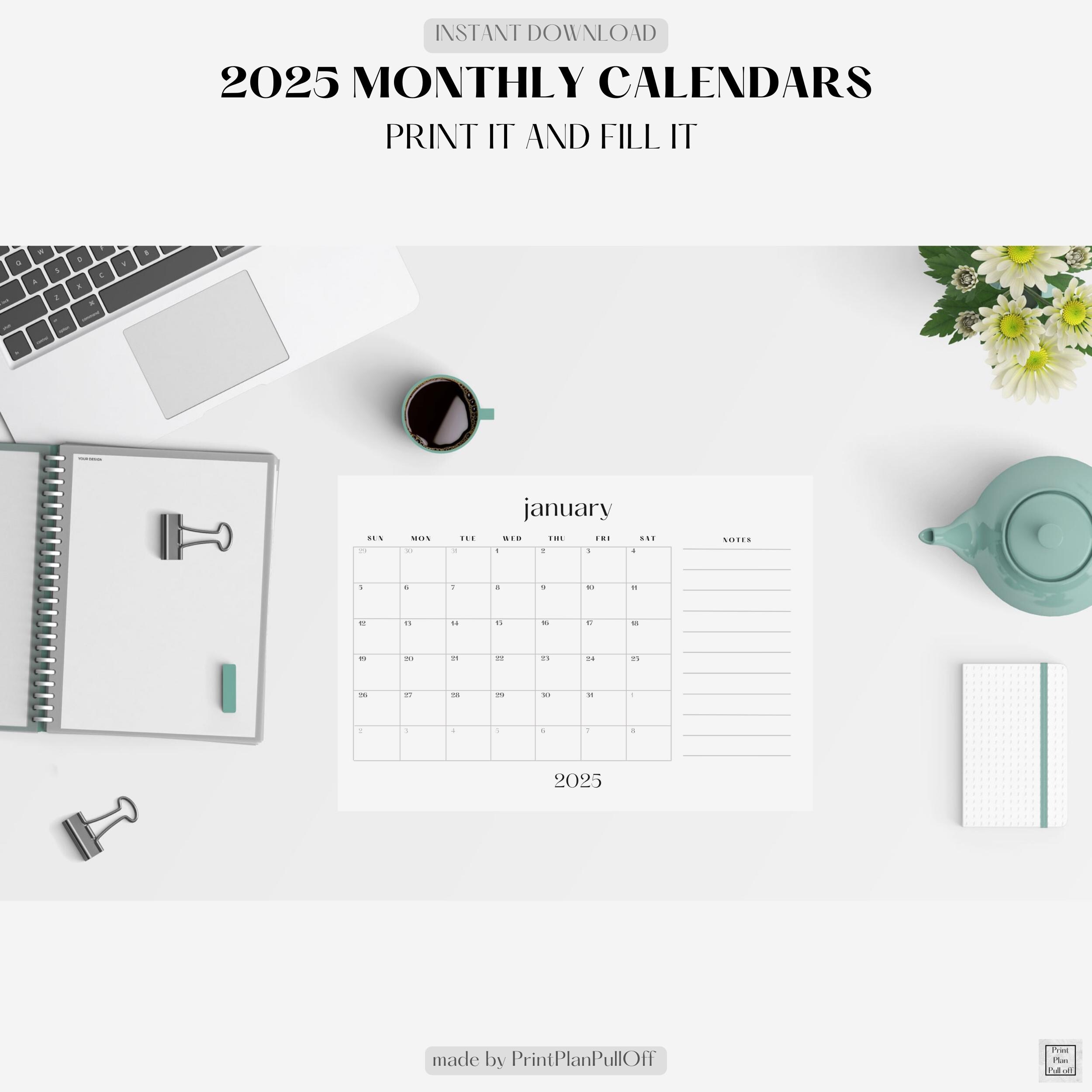 Minimalistic 2025 Monthly Calendars – Monday and Sunday Start | With ...