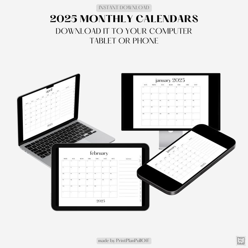 Minimalistic 2025 Monthly Calendars – Monday and Sunday Start | With ...