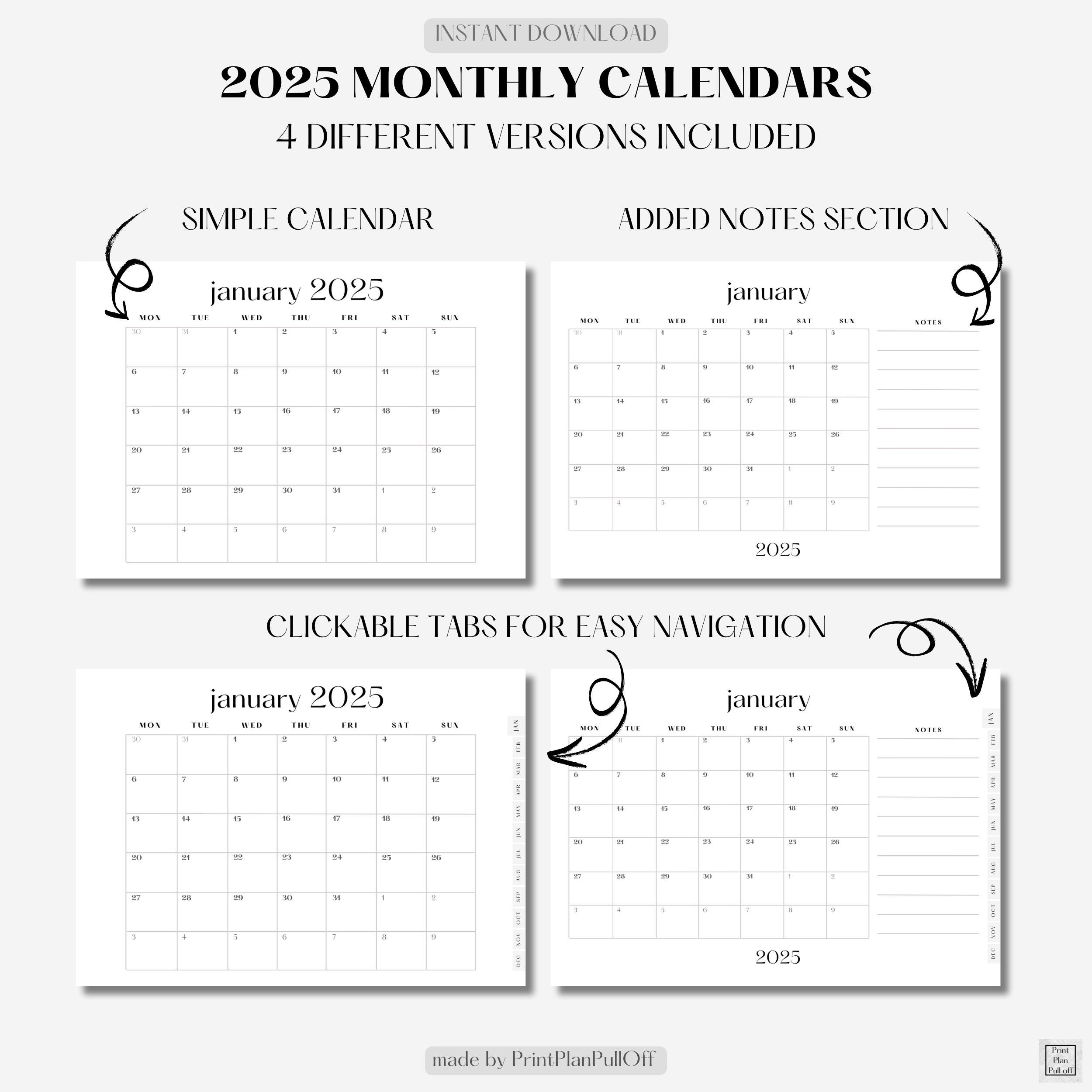 Minimalistic 2025 Monthly Calendars – Monday and Sunday Start | With ...