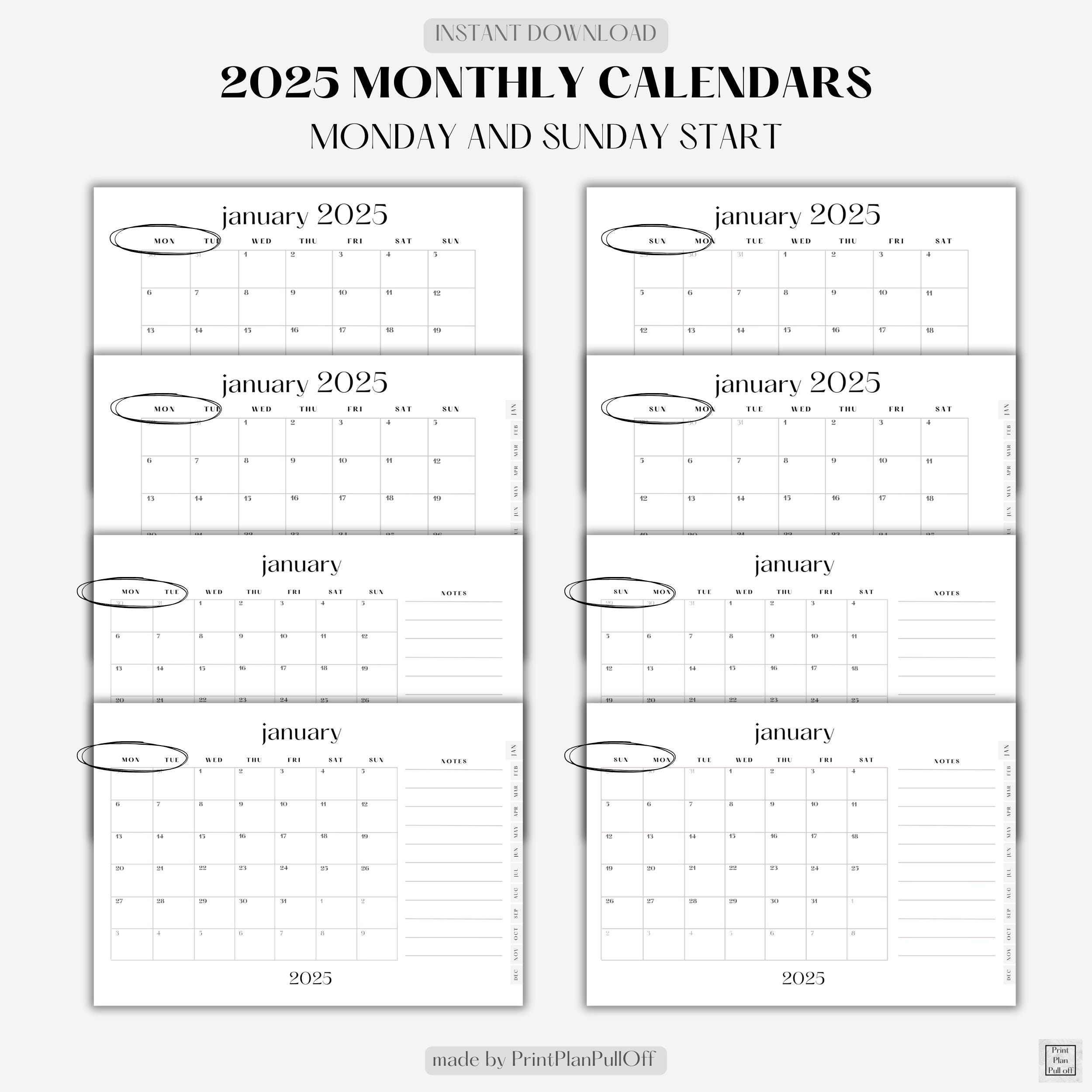 Minimalistic 2025 Monthly Calendars – Monday and Sunday Start | With ...