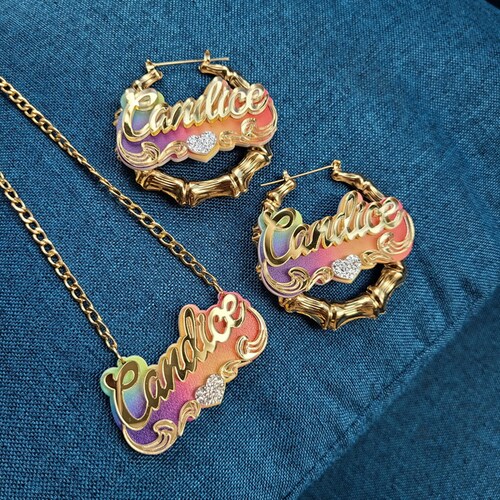 Custom Name Bamboo Earrings Set Acrylic Name Necklace Bamboo - Etsy