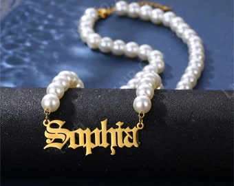 Gold Pearl Name Necklace - Etsy