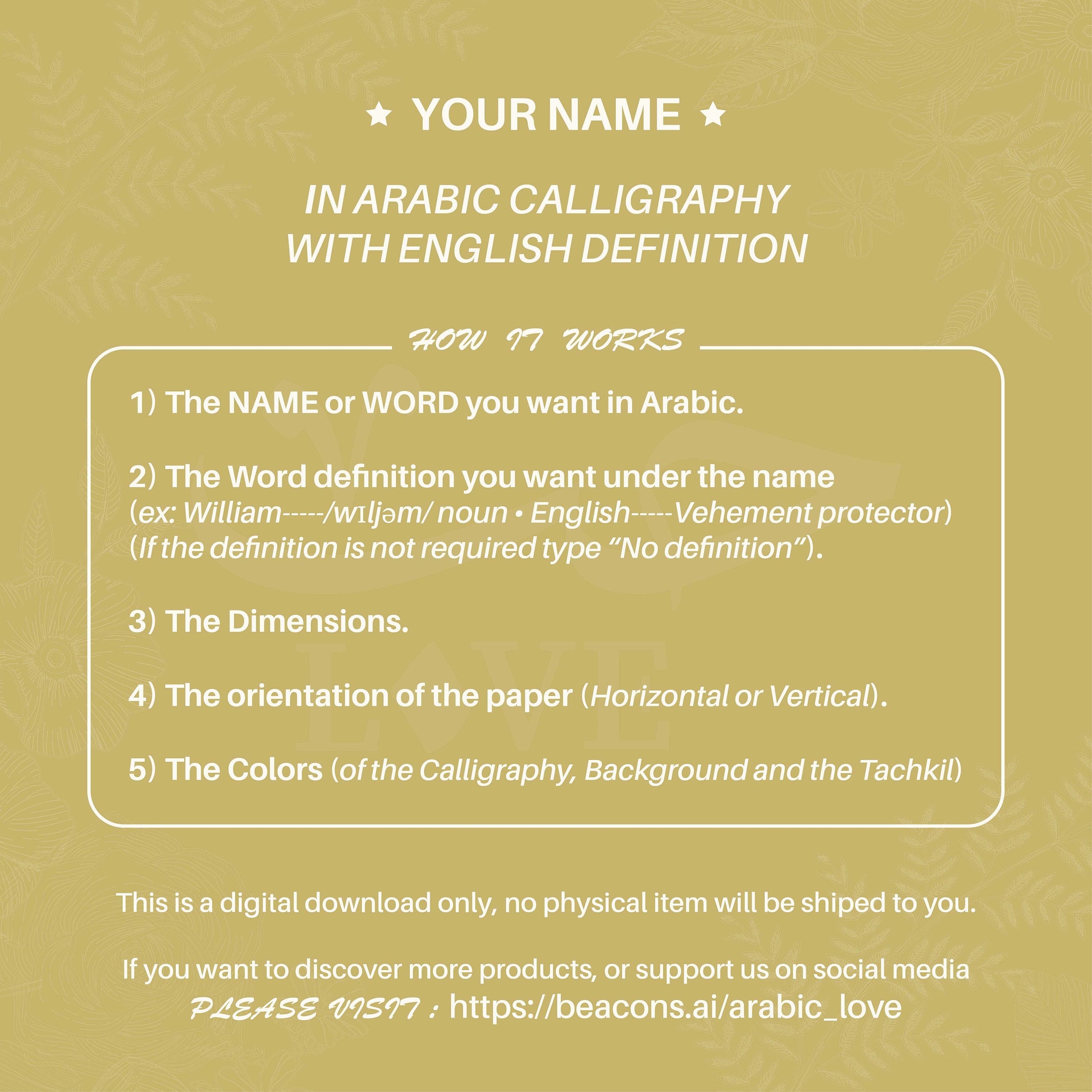 Arabic Calligraphy Custom Name English Definition Printable Wall Art ...