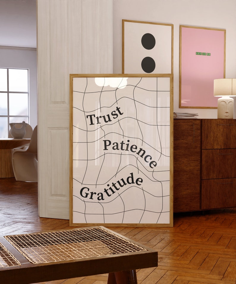 Patience Gratitude Trust, Distorted Grid Poster, Minimalist Wall Art ...