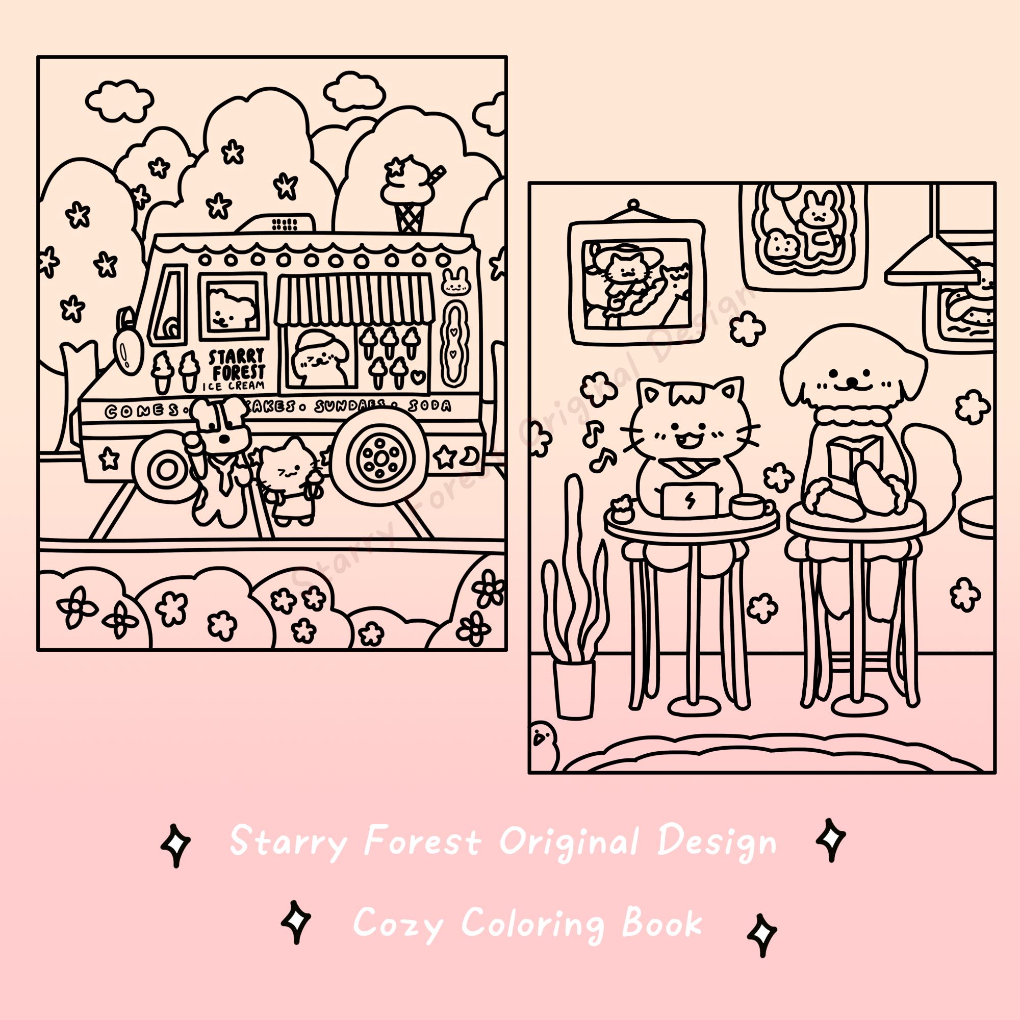 Starry Forest Cute Animal Cozy Coloring Book, 6 Kawaii Bold Cozy ...