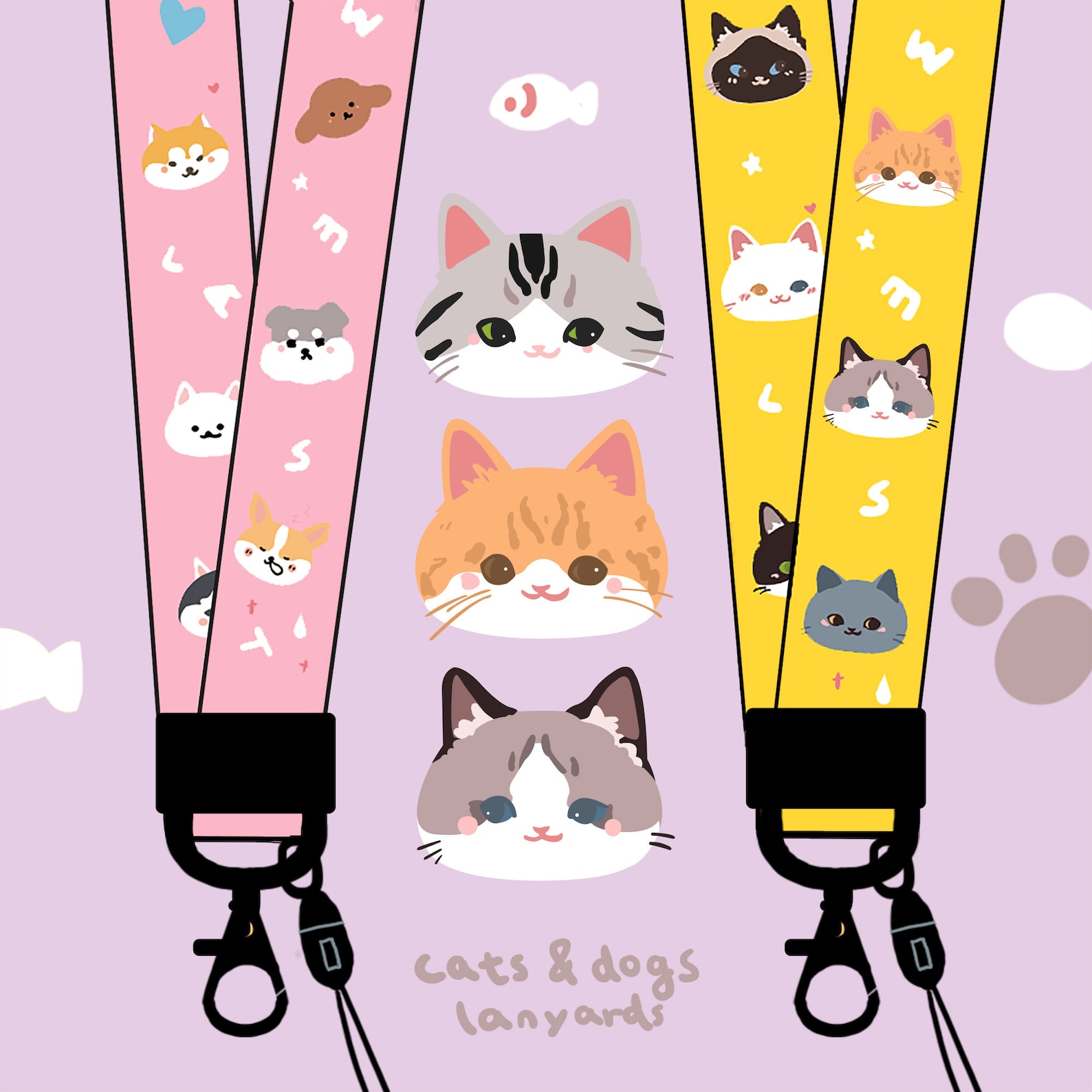 Cute Cat Lanyards, Original Illustrated Wristlet Strap, Yellow Lovely ...
