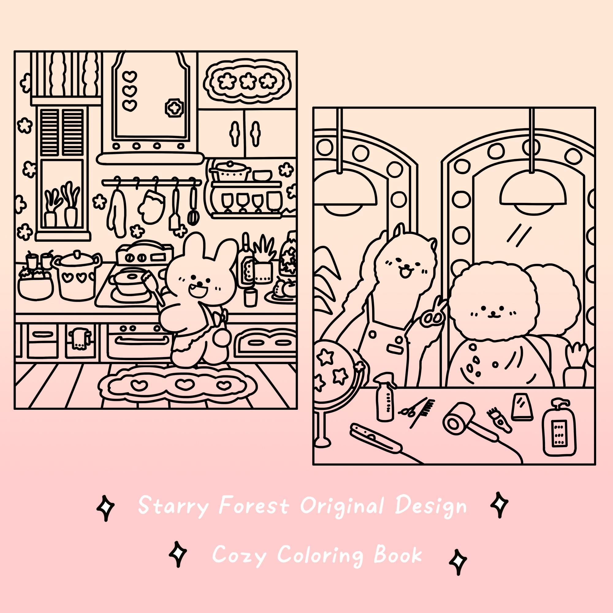 Starry Forest Cute Animal Cozy Coloring Book, 6 Kawaii Bold Cozy ...