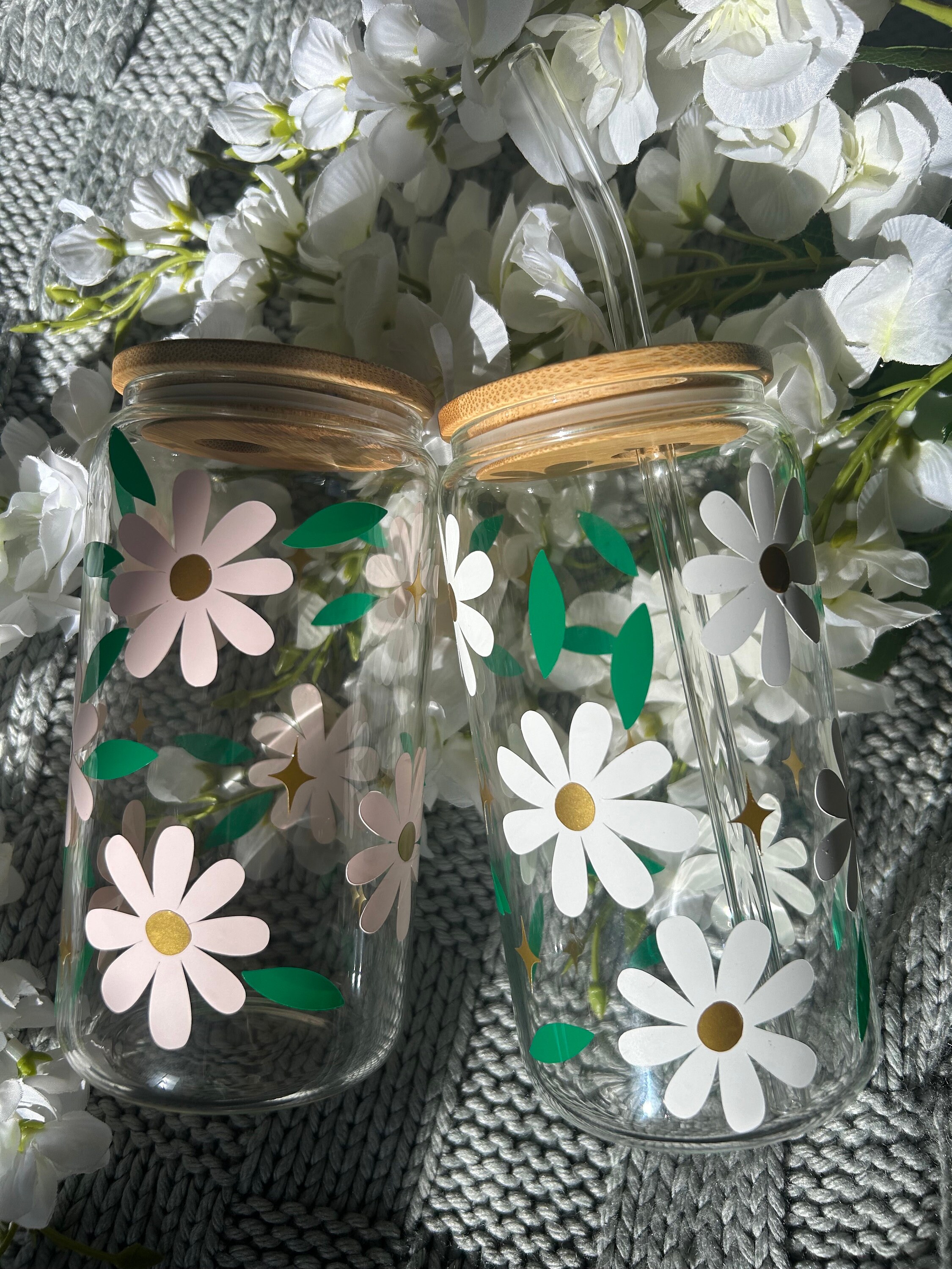 Flowers Glass Cup Glass Cup With Bamboo Lid and Straw - Etsy