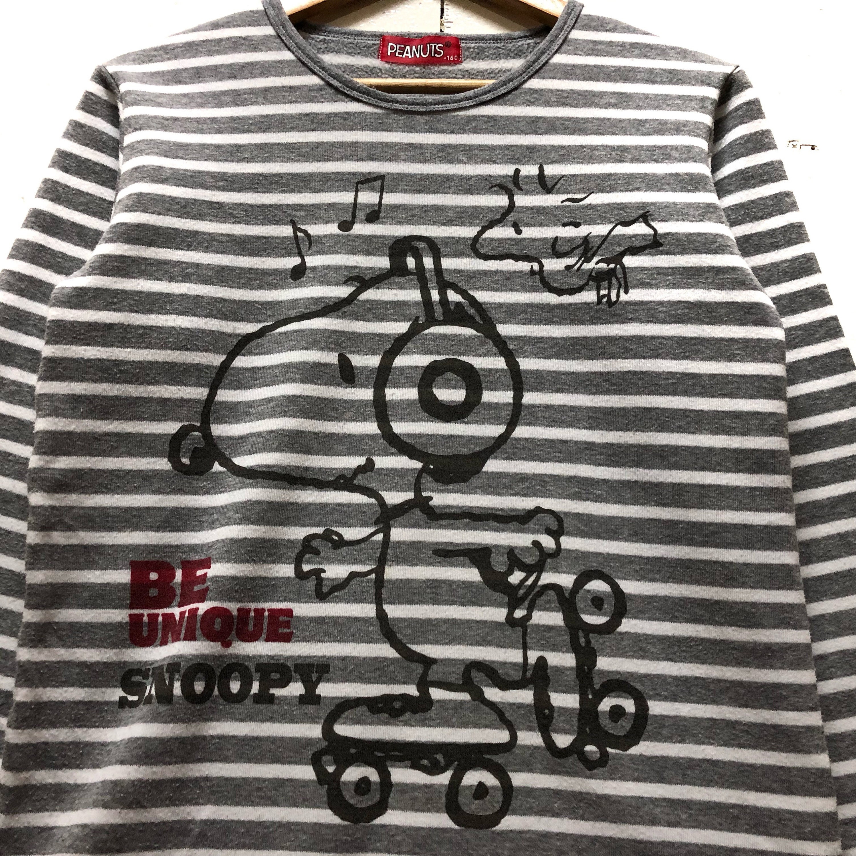 Rare Peanuts Snoopy Stripes Long Sleeve Cartoon Big Logo Spellout ...