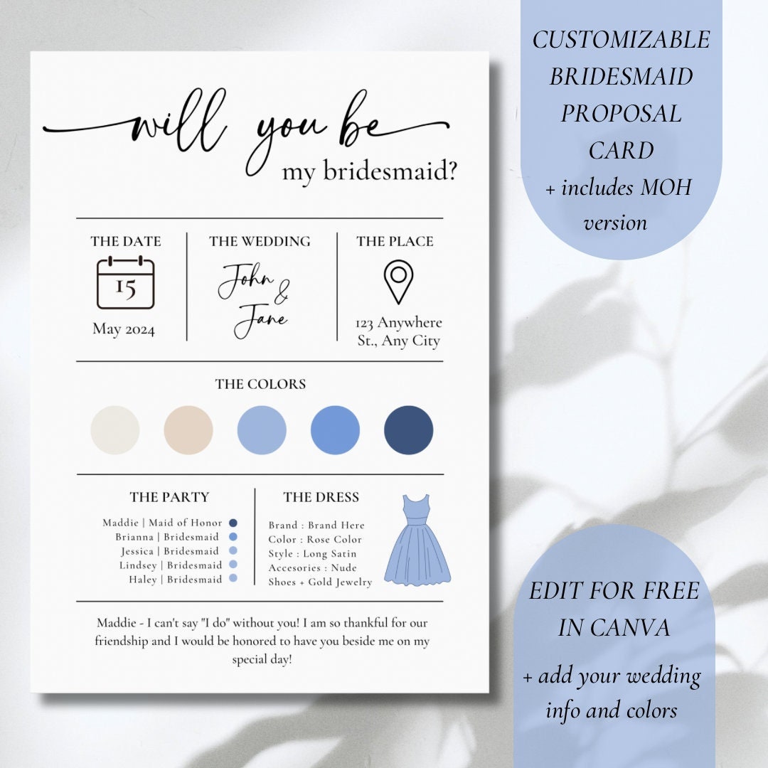 Wedding Details Bridesmaid Proposal Card | Editable Template - Etsy