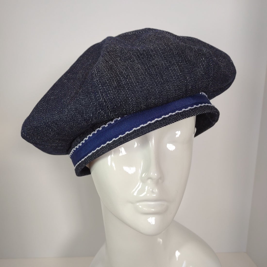 Dark Blue Banded Denim Beret Hat With Blue Ribbon - Etsy
