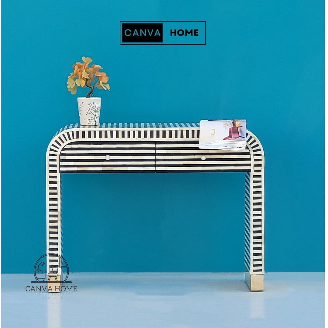 Black Waterfall Console Table With 2 Drawer, Narrow Hallway Table, Bone ...