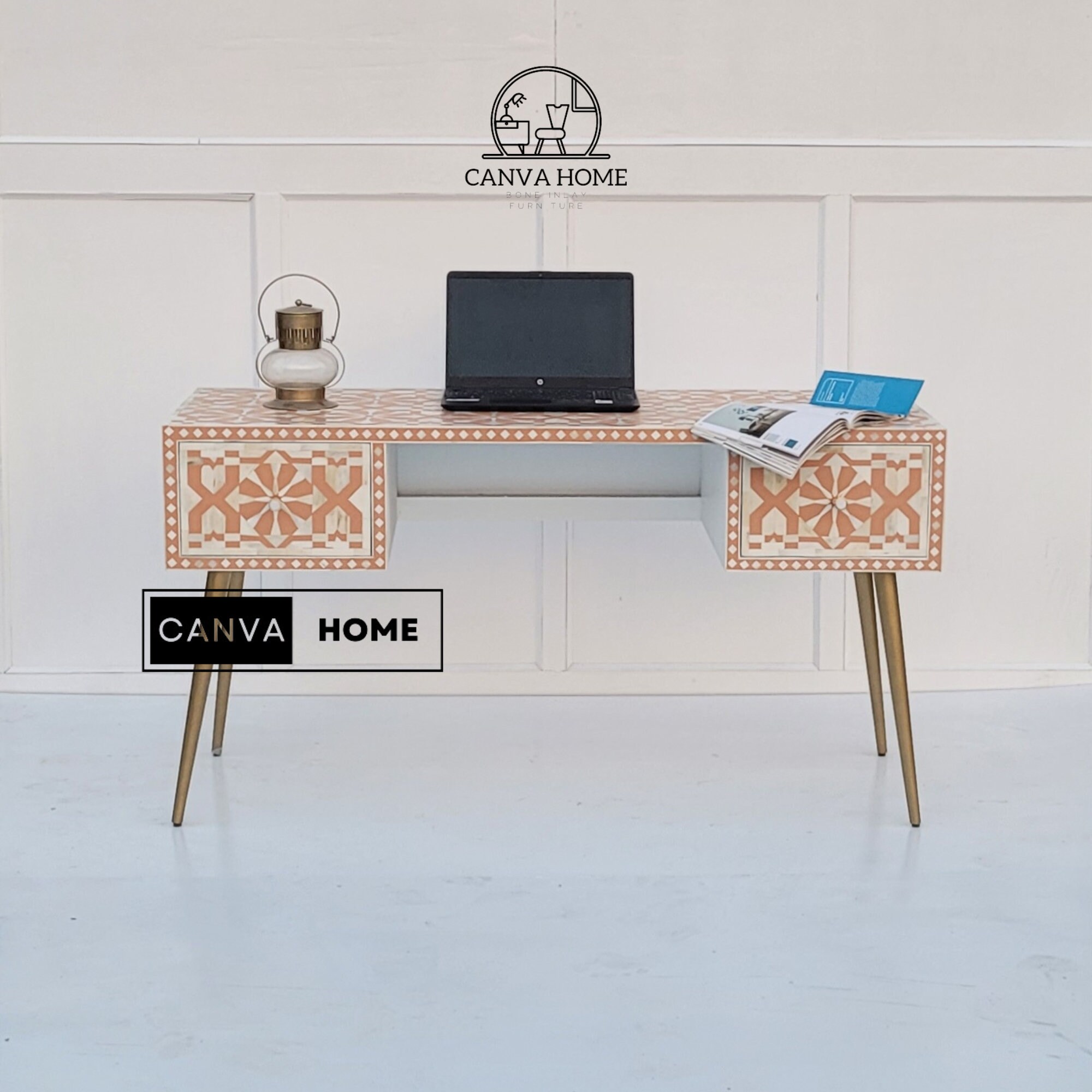 2 Drawers Writing Desk Bone Inlay Moroccan Pattern Orange & Gold ...