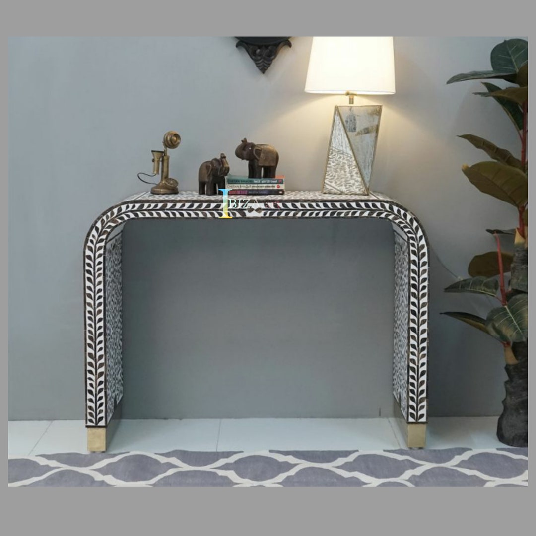 Waterfall U Shaped Console Table, Bone Inlay Sofa Table for Living Room ...
