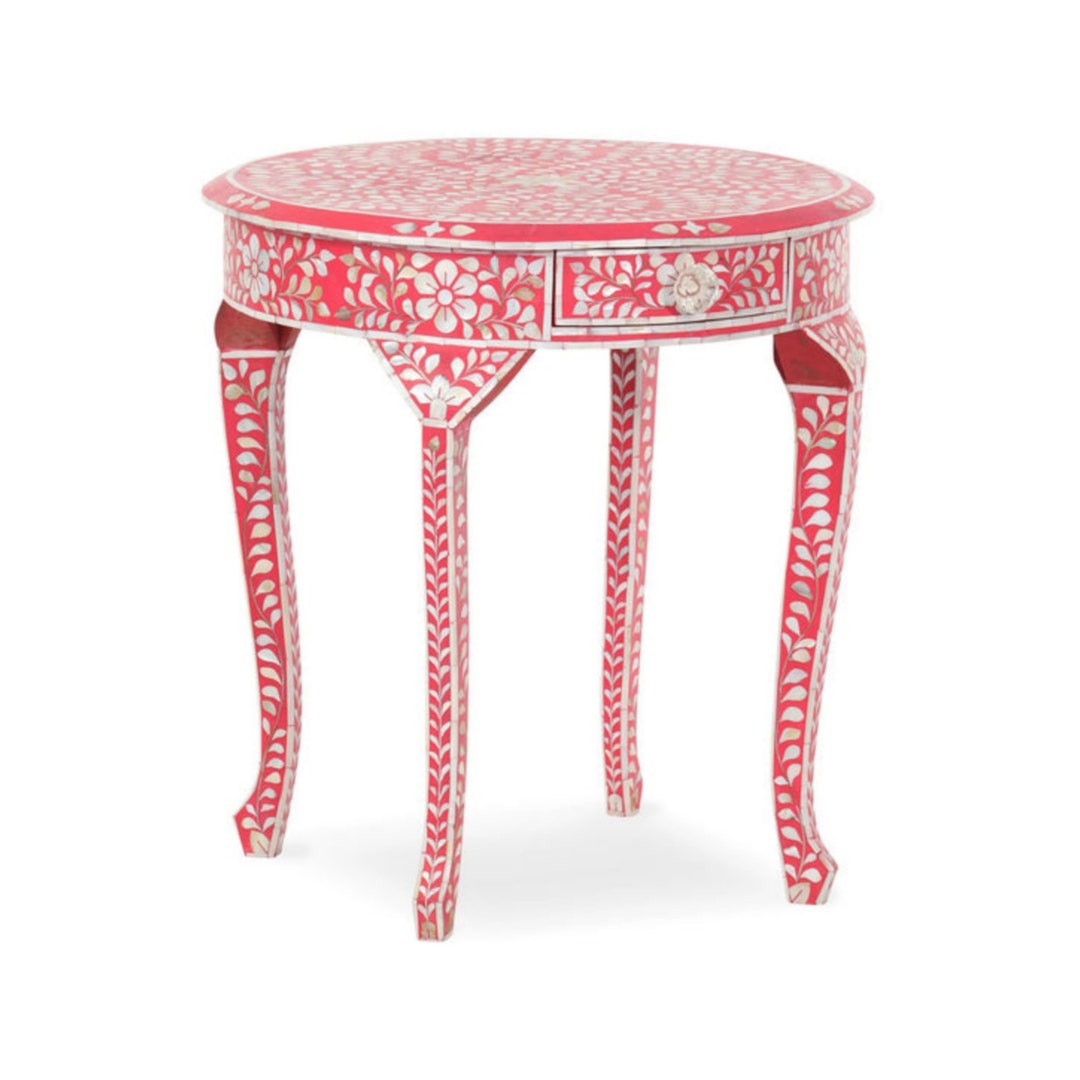 French Country Side Table, Round Pink Floral Pattern Stool, End Table ...