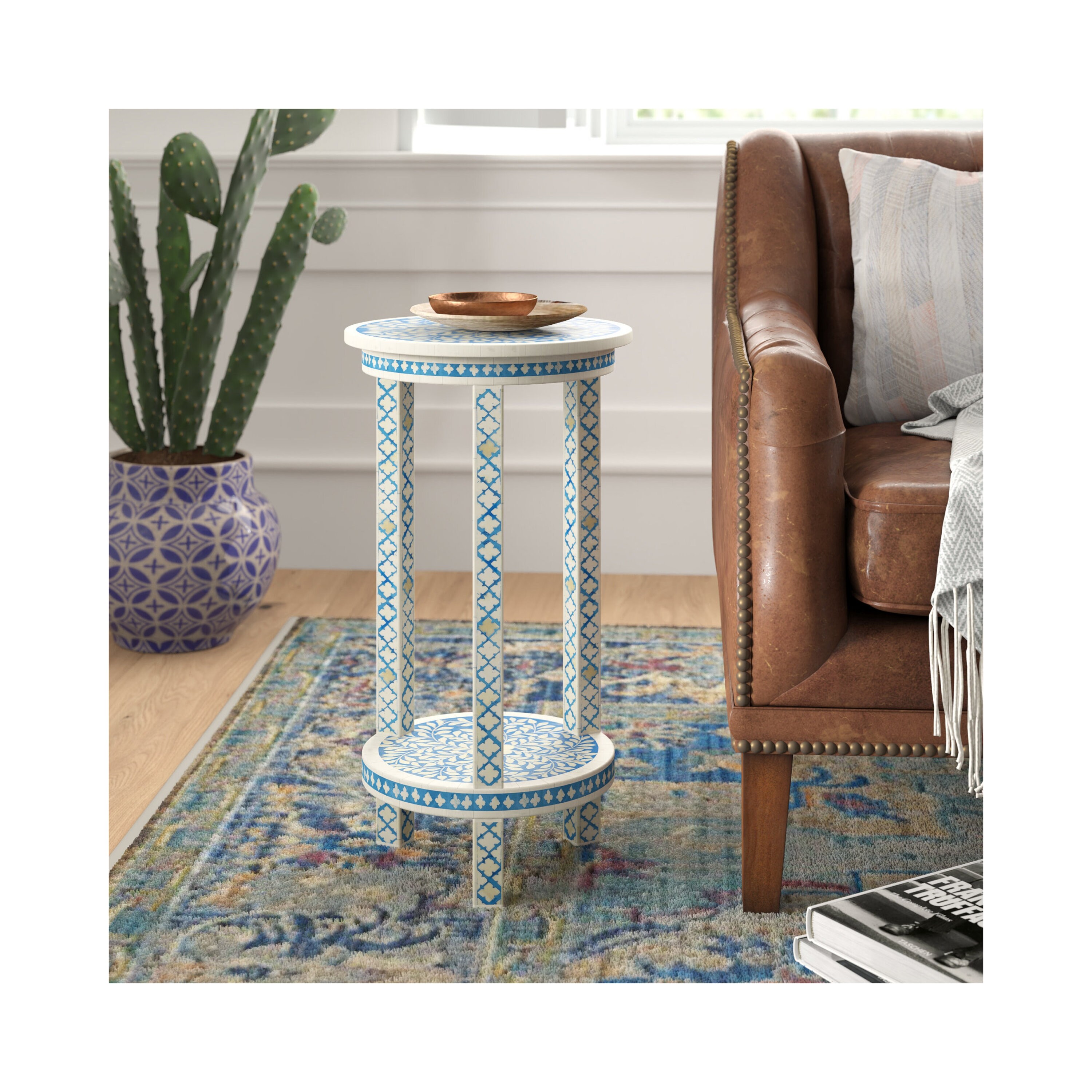 White Round Nightstand Side Table, Bone Inlay End Table, Minimalist ...