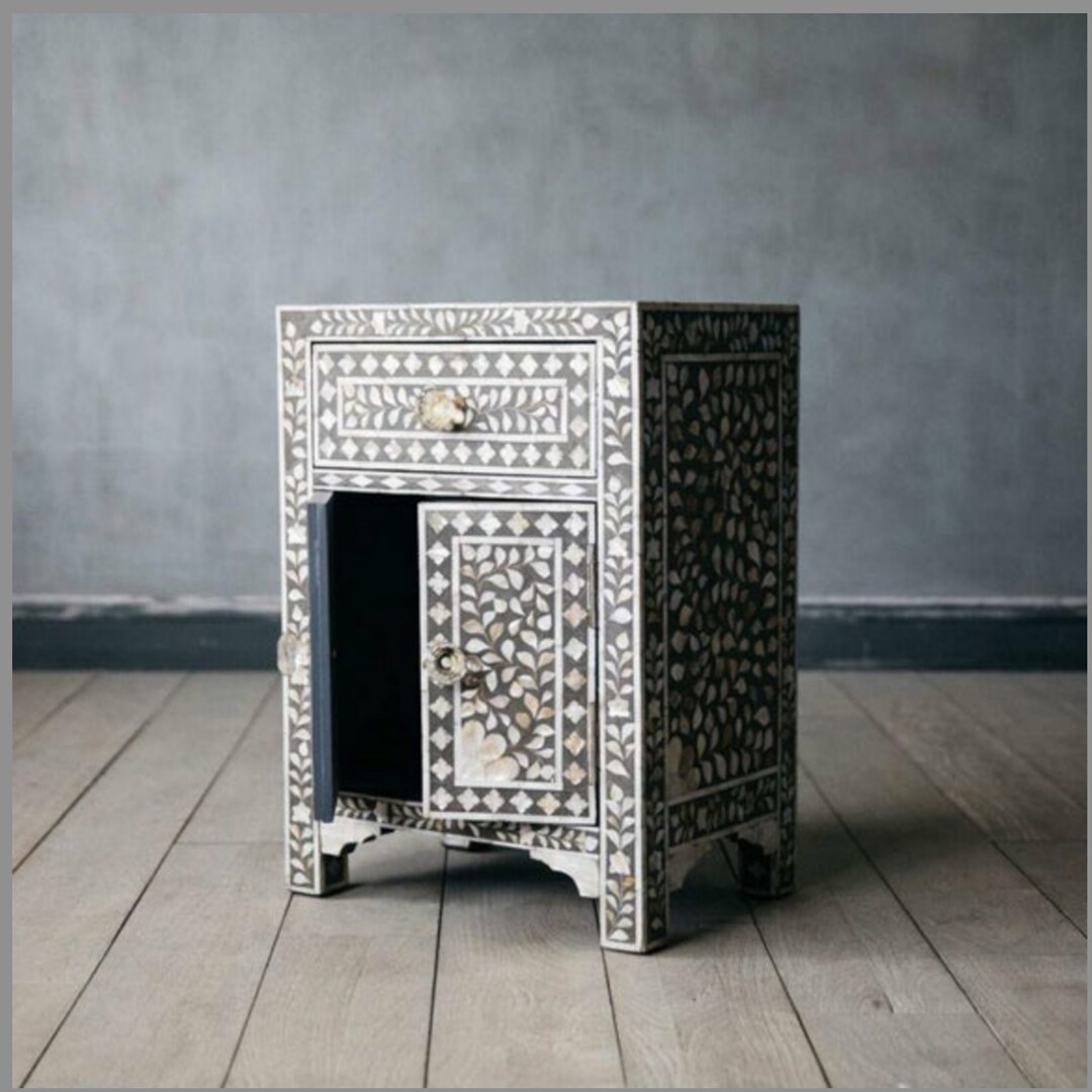 Bone Inlay Bedside Table, Modern Wooden Table, Farmhouse Nightstand ...