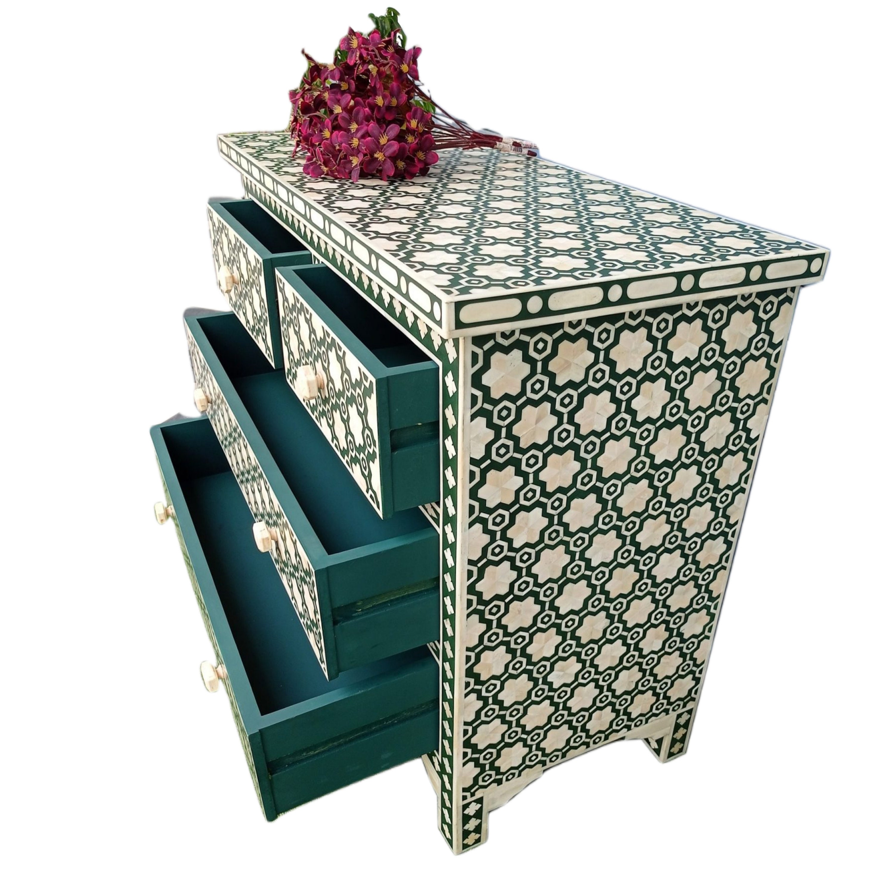 4 Drawer Storage Chest, Bone Inlay Living Room Green Storage Console ...