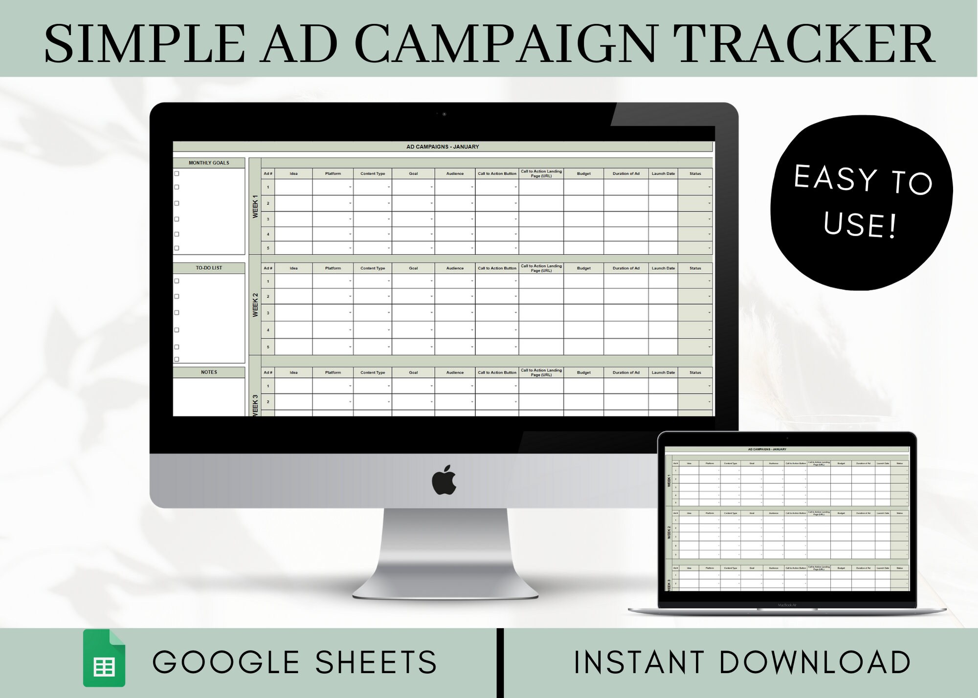 Ad Campaign Tracker | Digital Planner Template | Advertising Tracker ...