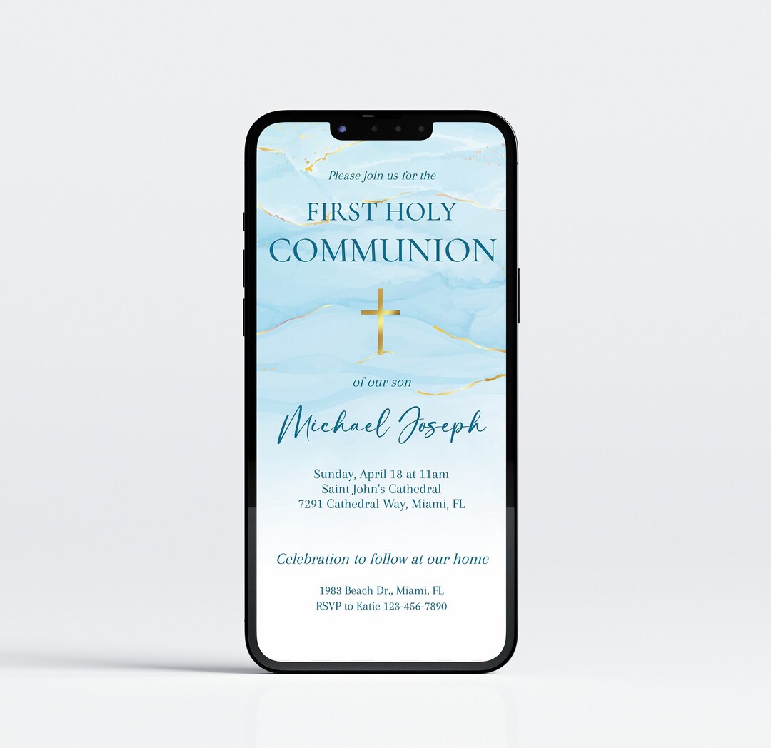 Editable Blue First Holy Communion Evite, Blue Ombre Watercolor ...