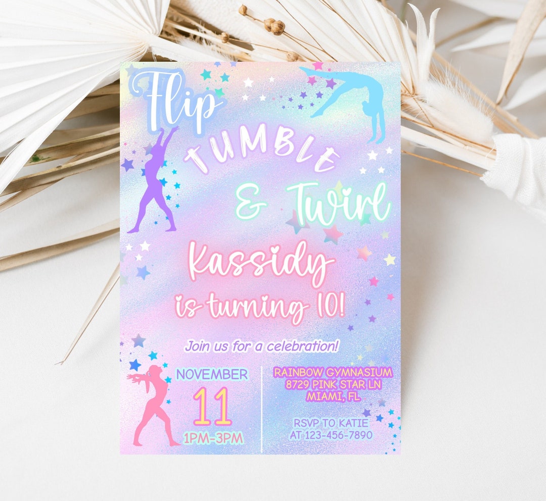 Gymnastics Birthday Invitation, Flip Tumble & Twirl Invitation, Girls ...
