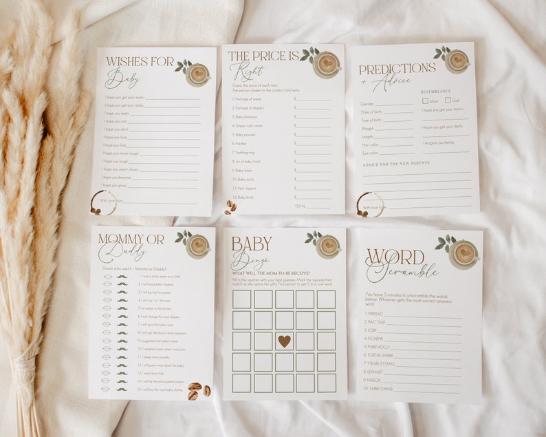 Neutral Green Coffee Baby Shower Game Bundle (editable) - Etsy