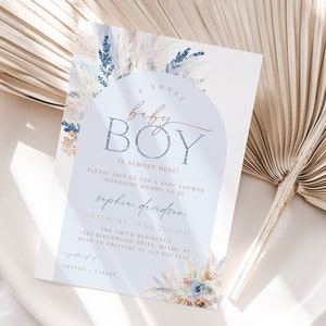 Boho Blue Floral Pampas Grass Baby Shower Invitation, Bohemian Boy Baby ...