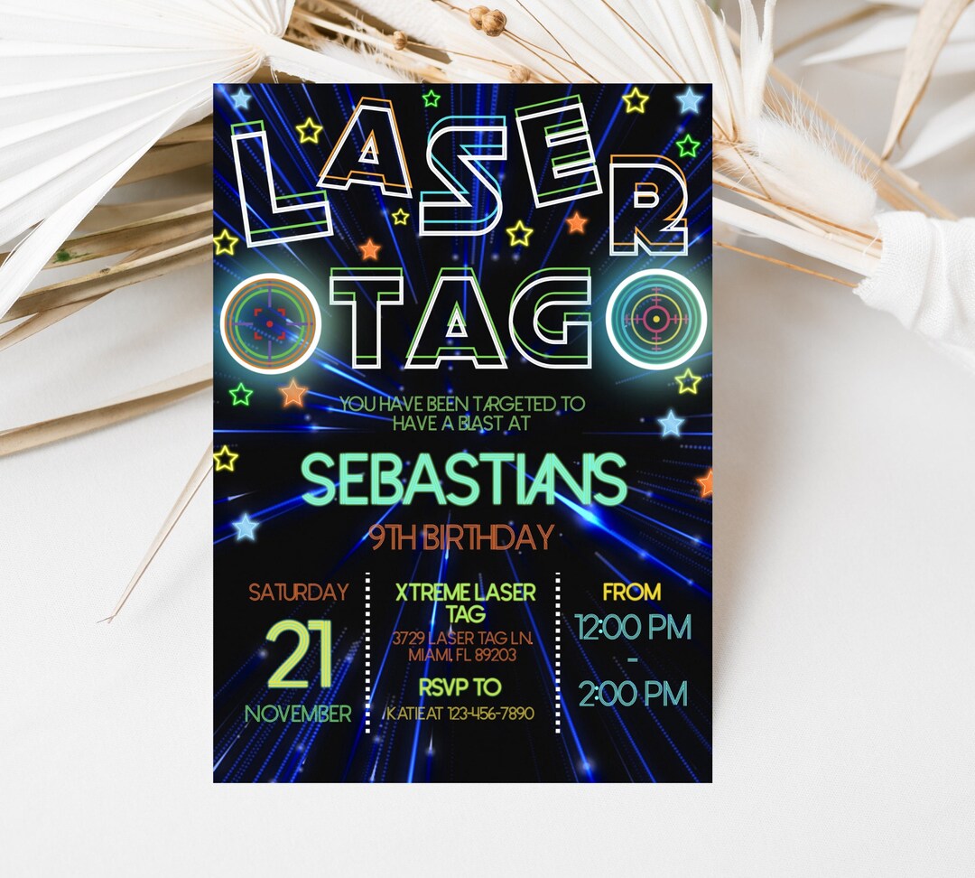 Editable Laser Tag Birthday Party Invitation, Neon Laser Tag Invite ...
