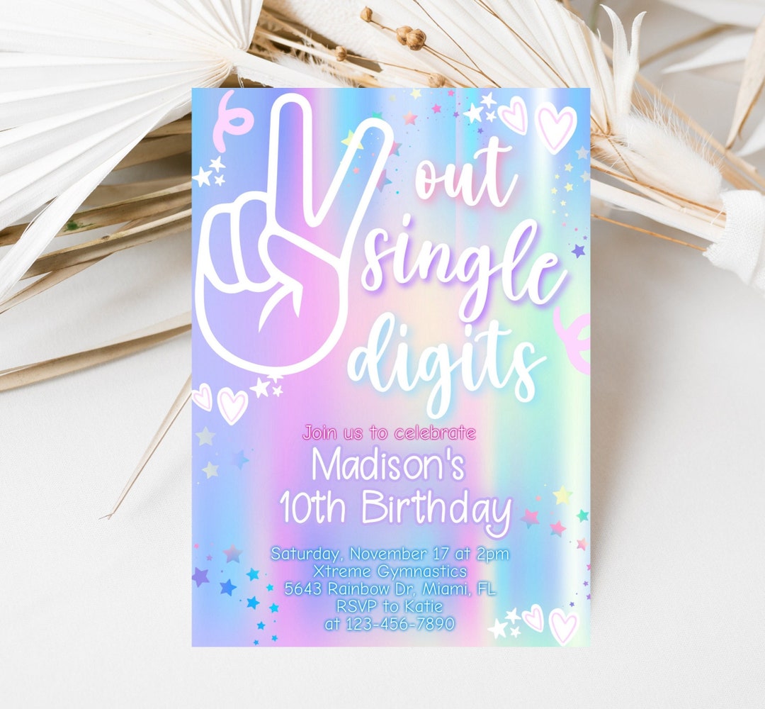 Holographic Birthday Invitation, Girl Peace Out Single Digits Party ...