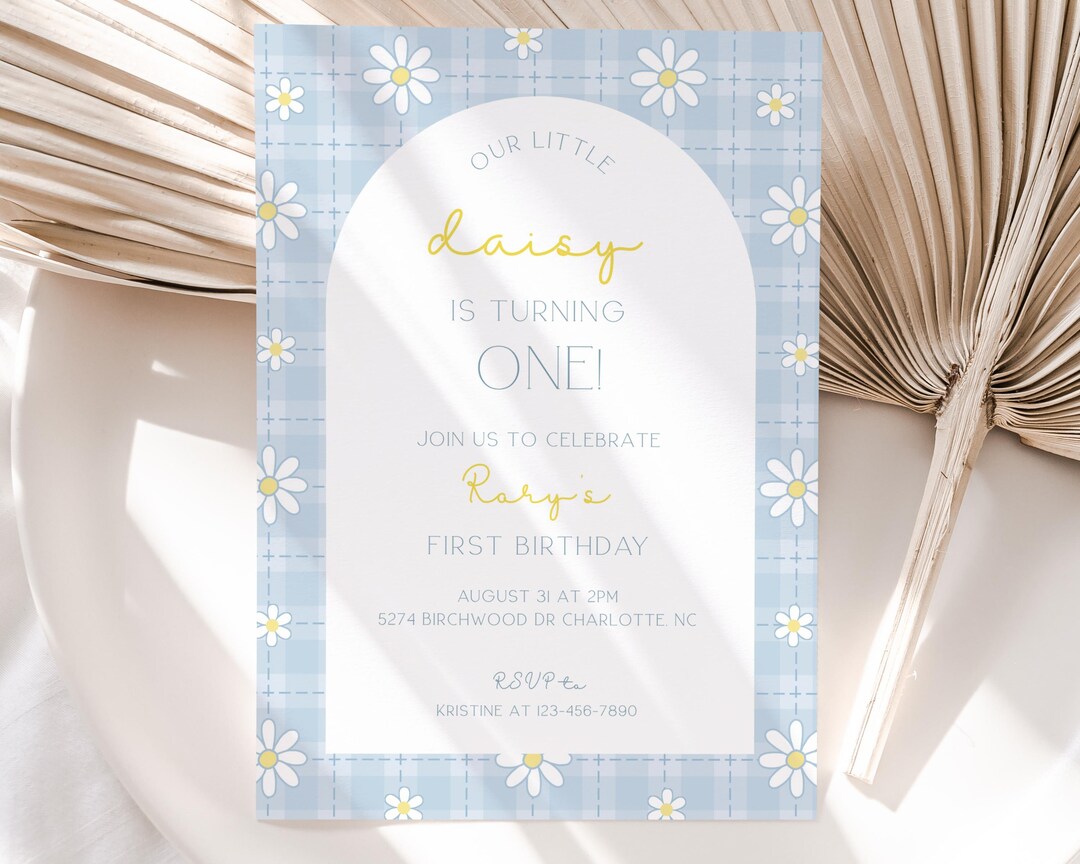 Daisy Birthday Invitation Template, Editable Blue Plaid Little Daisy ...
