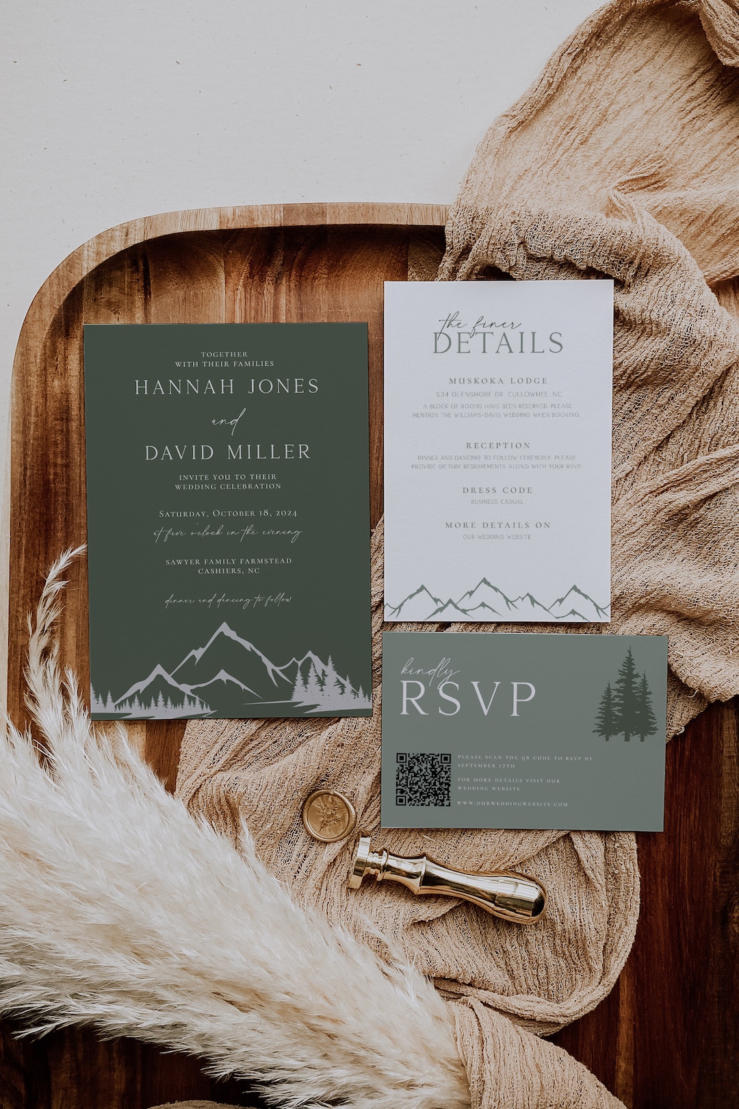 Minimalist Mountain Wedding Invitation Suite, Sage Green Woodland ...