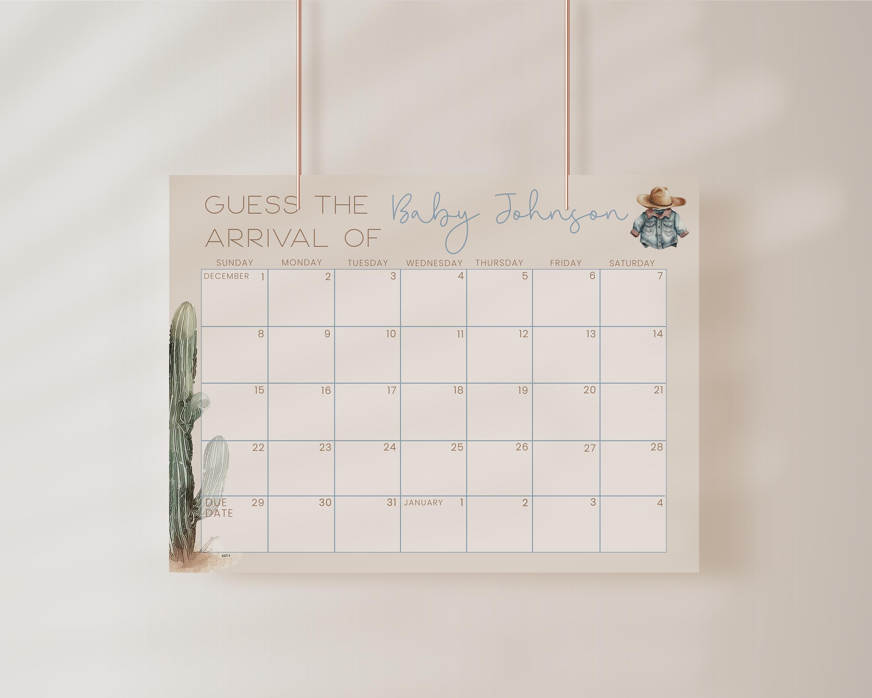 Cowboy Baby Shower Guess the Arrival Date Calendar Game, Country ...