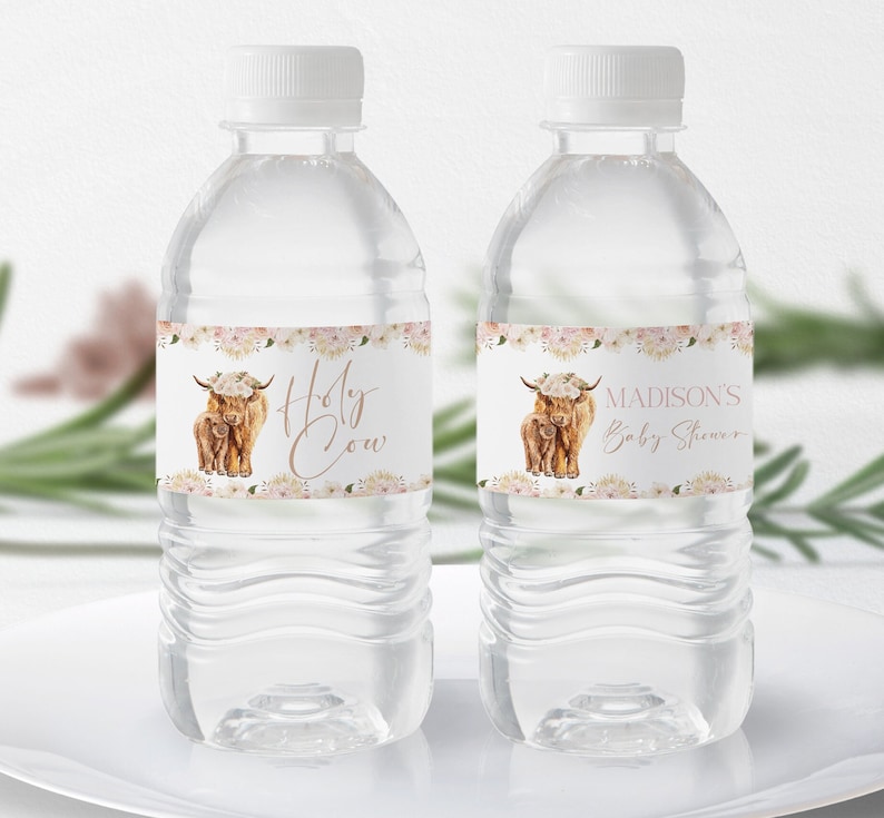 Editable Boho Highland Cow Water Bottle Label Cow Floral - Etsy