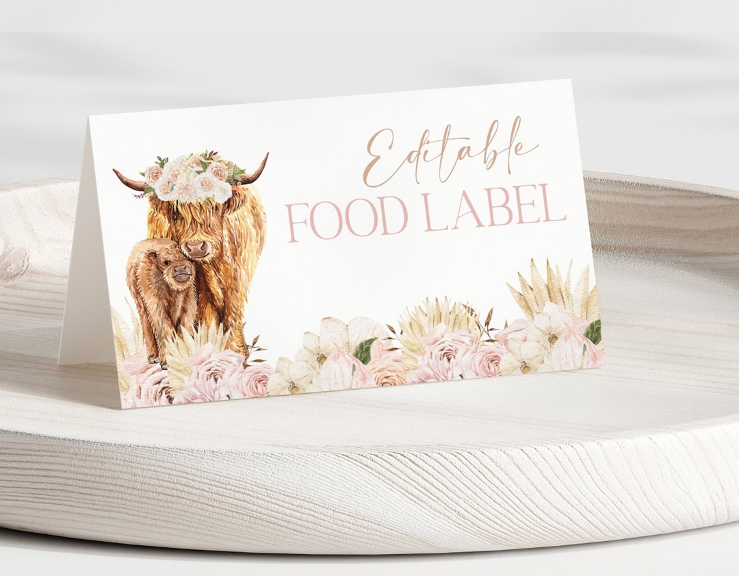 Editable Boho Highland Cow Food Label, Cow Floral Party Food Tent, Holy ...